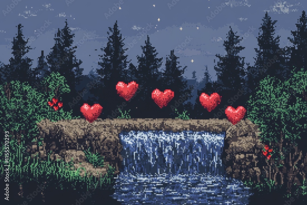 A pixel art depiction of bright red Valentine hearts animated to pulse ...