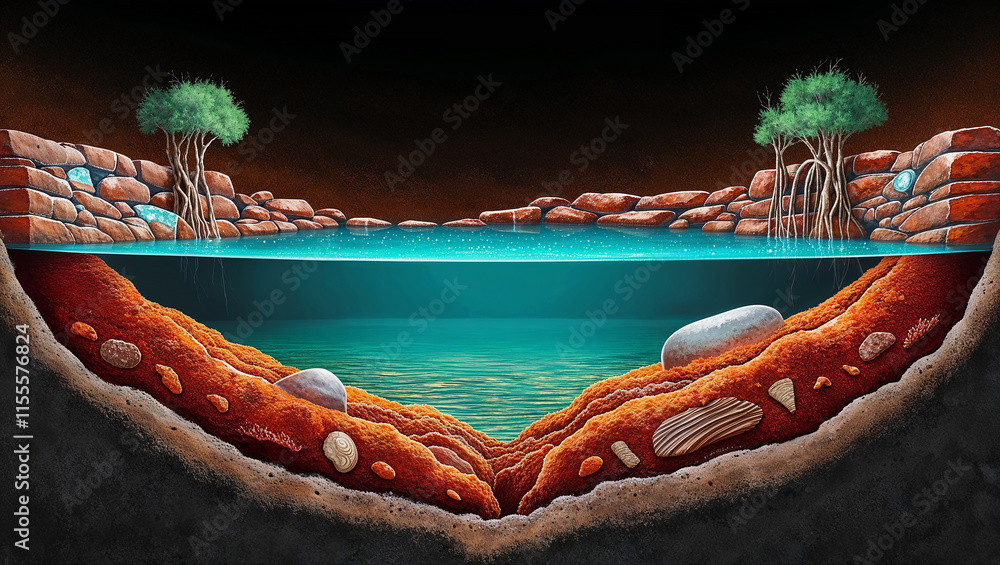 Cross section showing underground water flowing beneath surface Stock ...