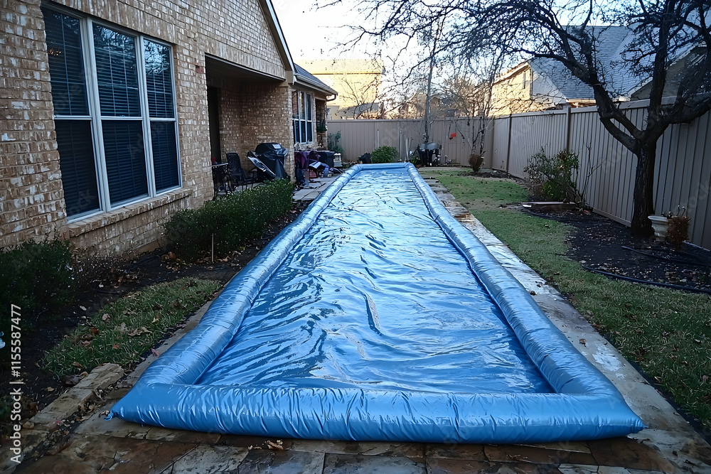 Backyard inflatable slip n' slide pool party fun; long blue inflatable ...