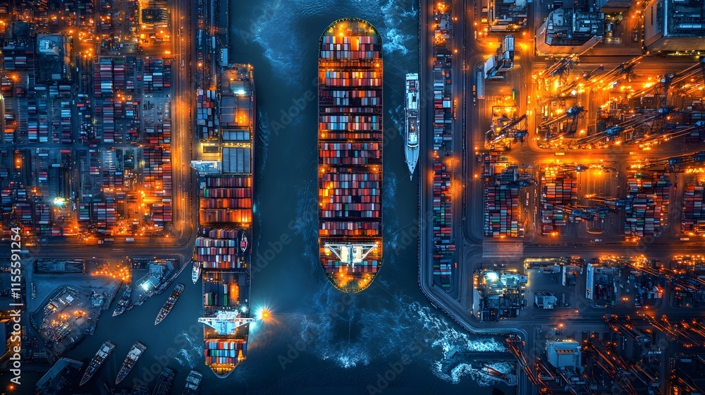Aerial view of a bustling maritime trade hub with a container ship and ...