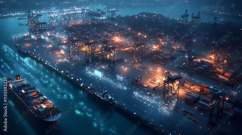 Aerial view of a bustling maritime trade hub with a container ship and ...