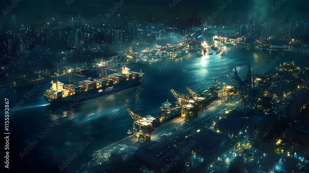 Aerial view of a bustling maritime trade hub with a container ship and ...