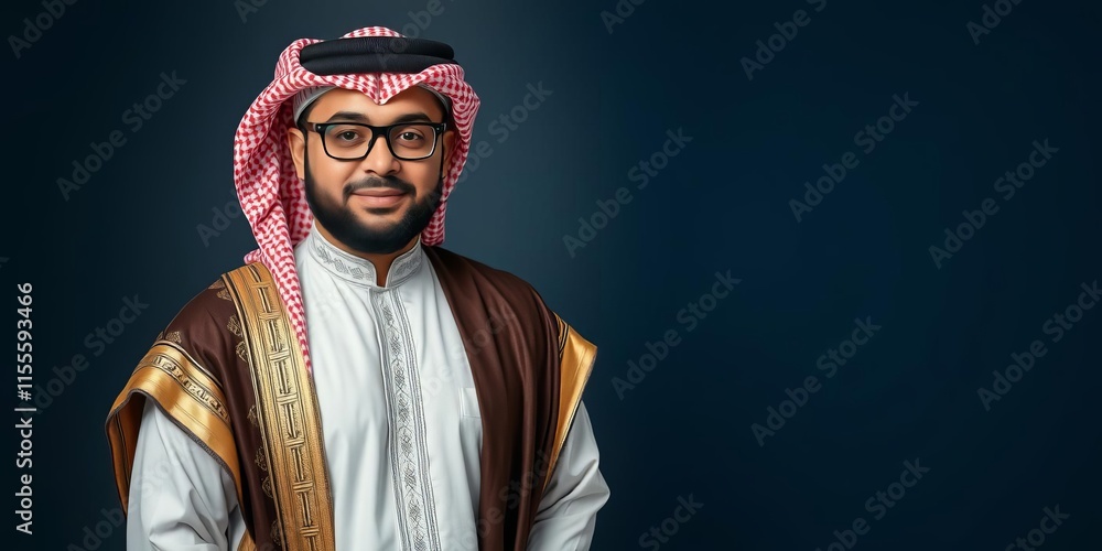 Portrait of handsome Arab man wearing traditional kandora in studio ...