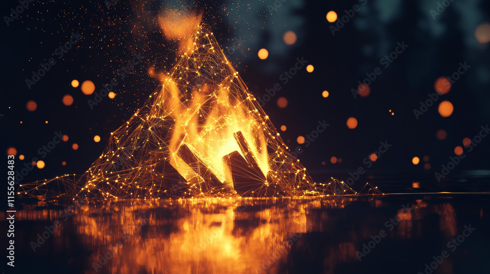 A hologram of a camp fire. A burning campfire of polygons, triangles of ...