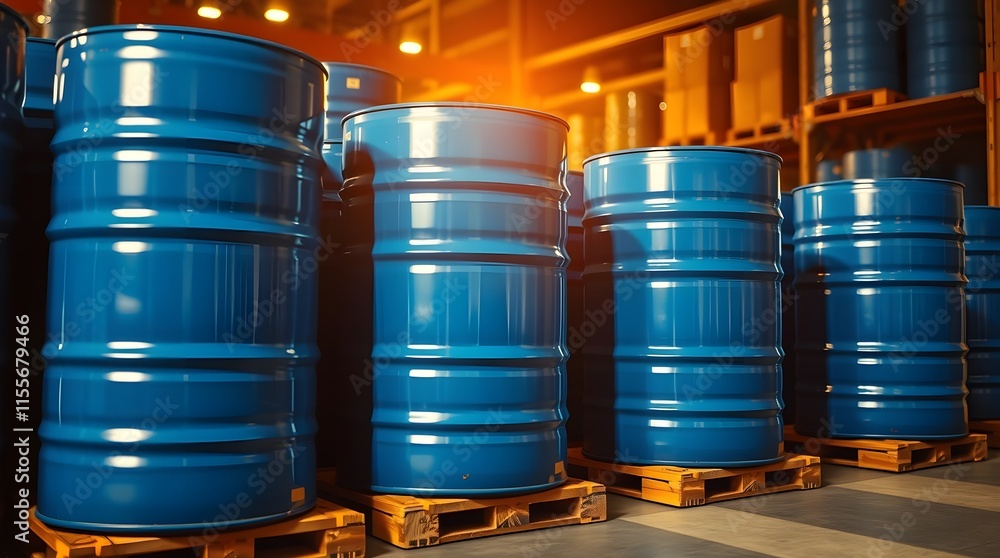 blue barrel drum on pallets in a warehouse, in a strong moody style ...