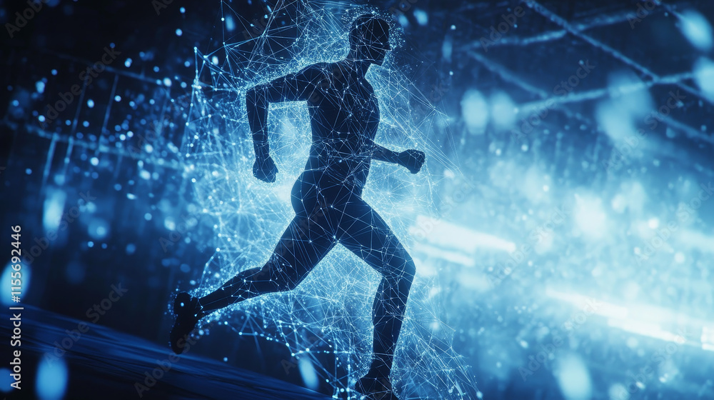 Hologram running. Runner logo of polygons, triangles of dots and lines ...