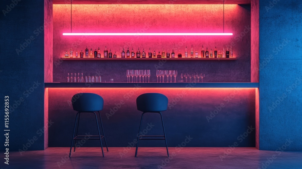 Minimalistic urban bar with a floating linear pink neon light above a ...