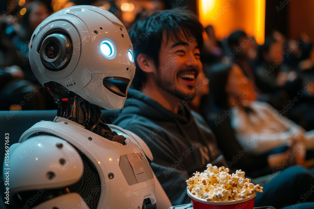 In a lively movie theater, a humanoid robot and a man share a moment of ...