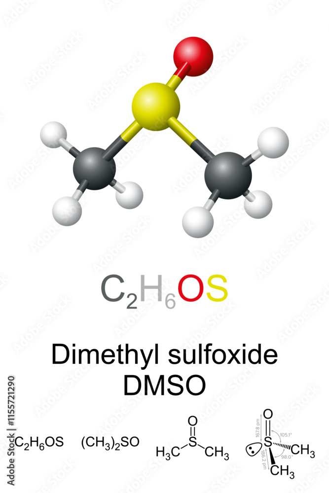 Dimethyl sulfoxide, DMSO, ball-and-stick molecule model and chemical ...