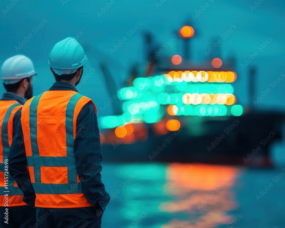 Engineers discussing the carbon footprint reduction of a green ship ...