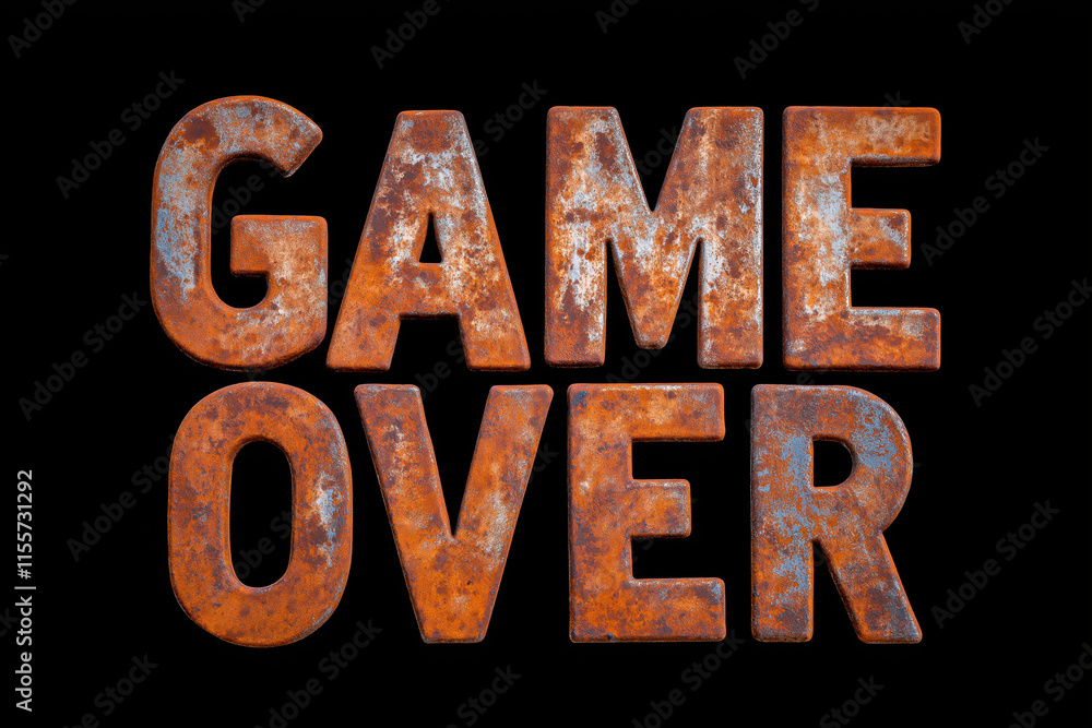 Rusty game over sign depicting ending and finality on black background ...