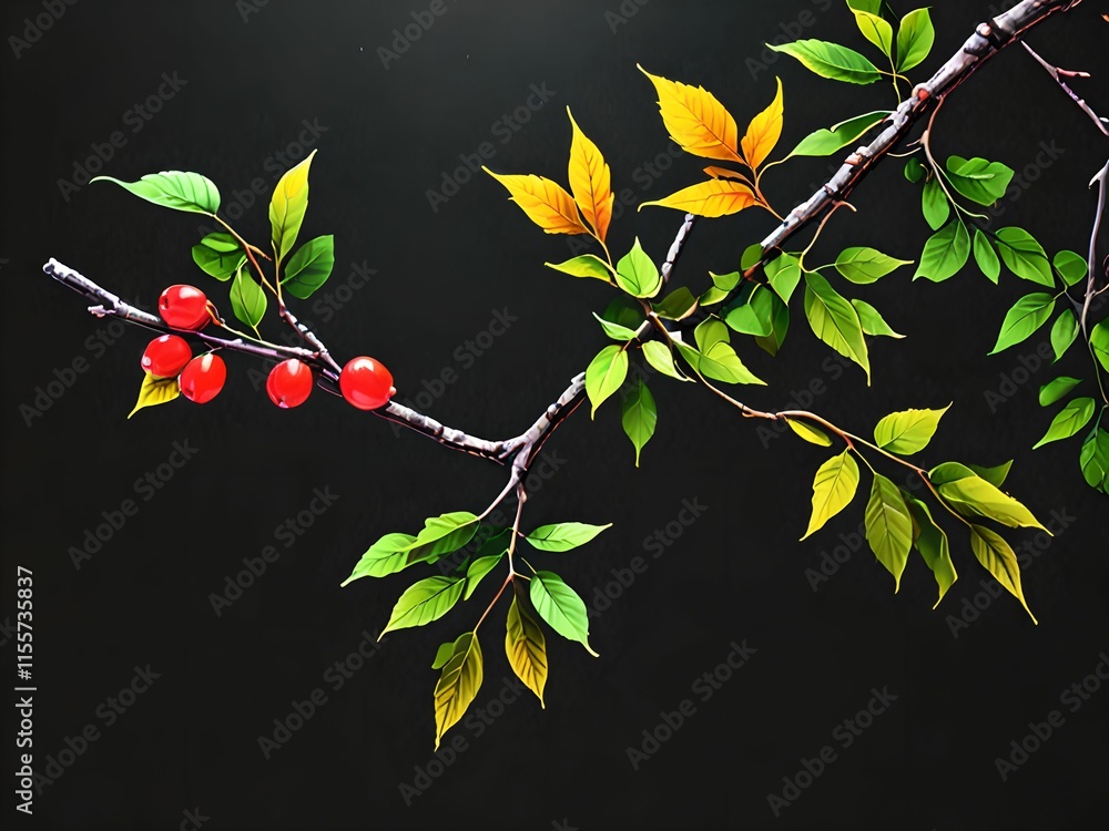 wallpaper representing a branch with leaves on a black background ...