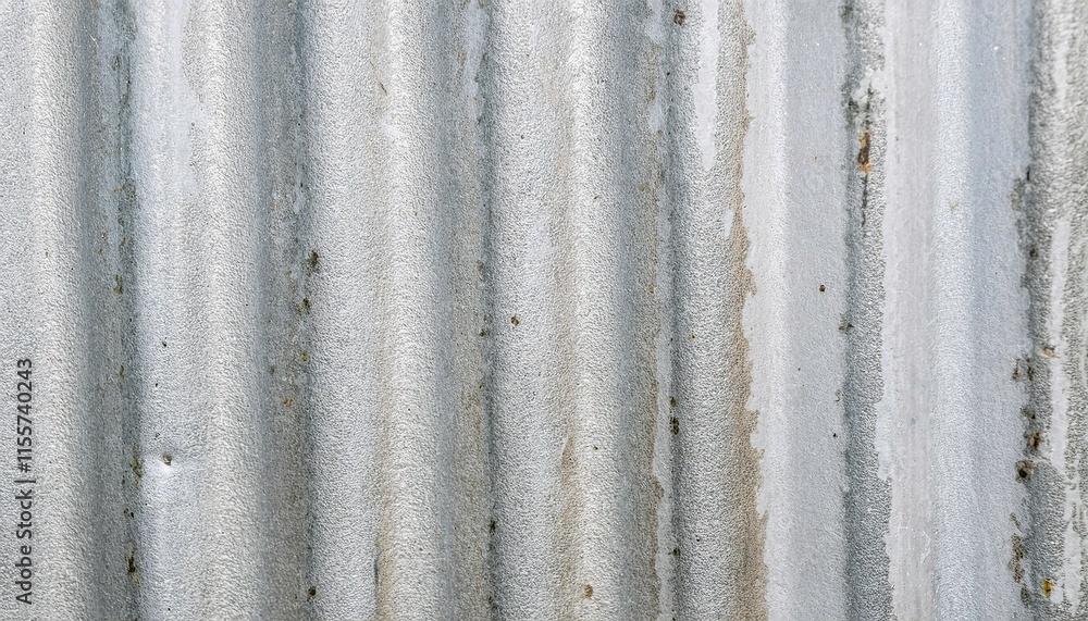 macro view of weathered zinc sheet with vertical corrugated ridges and ...