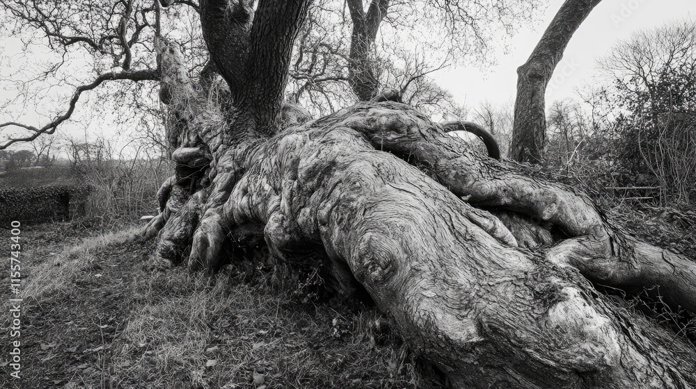 Ancient tree roots showcasing intricate textures in a black and white ...