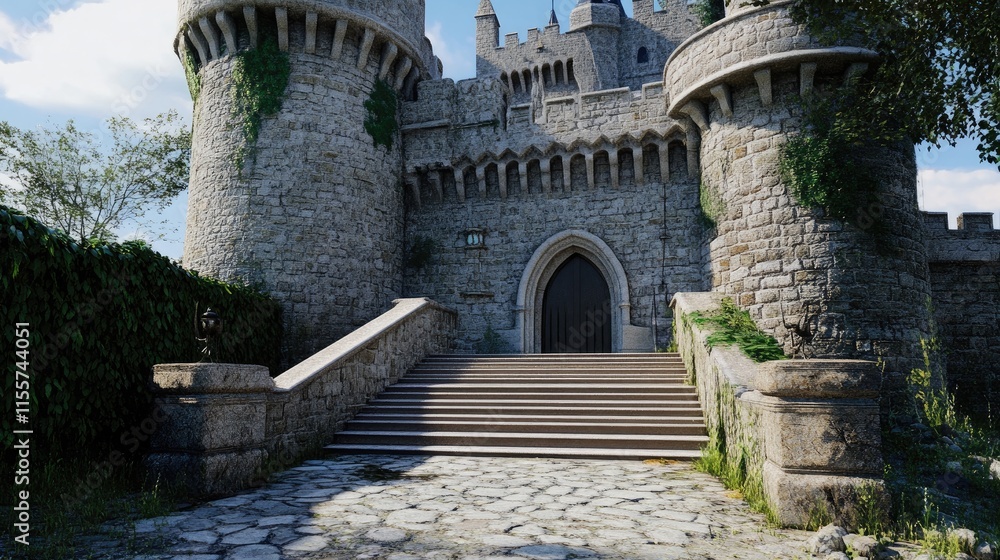 Medieval castle entrance with stone ramp showcasing towers and lush ...