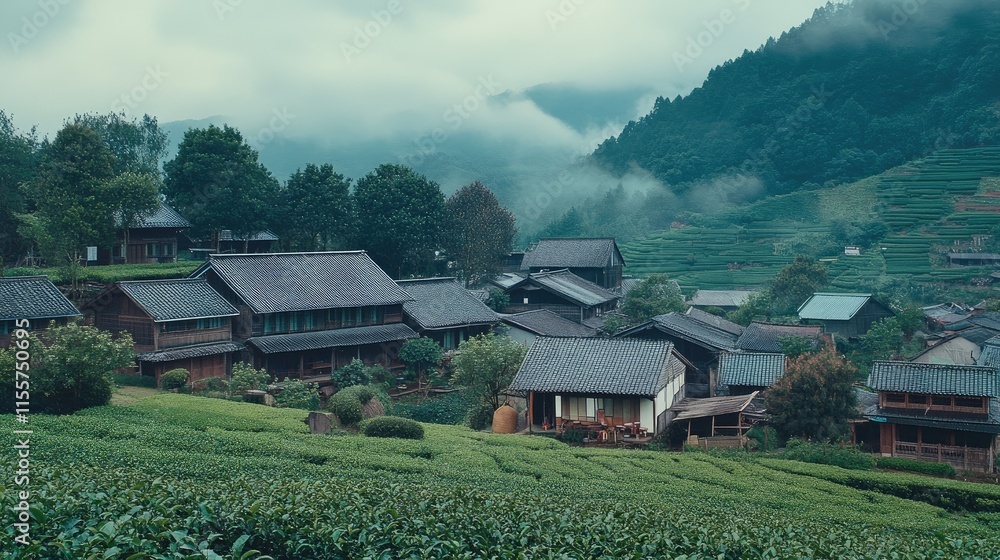 Tea production villages featuring traditional houses amidst lush tea ...