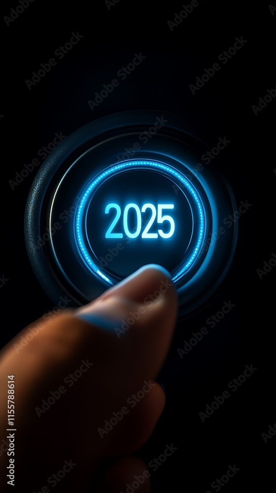 Close up view of hand pressing 2025 button on touch screen interface ...