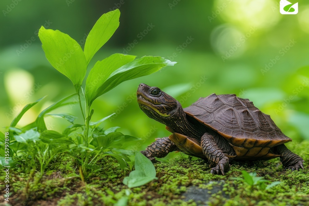 Alligator snapping turtle with jaws slightly open displaying its rugged ...