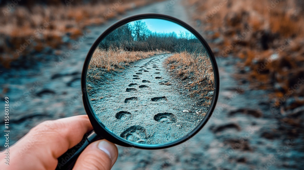 Magnifying glass reveals footprints on a path, symbolizing journey ...