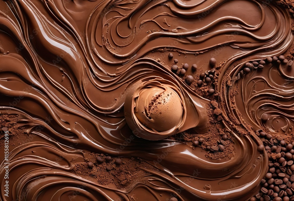 Mocha mousse food banner, scoop of coffee ice cream on a relief ...