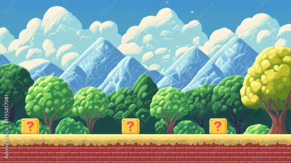 Pixel art game background showing forest, mountains and mystery boxes ...