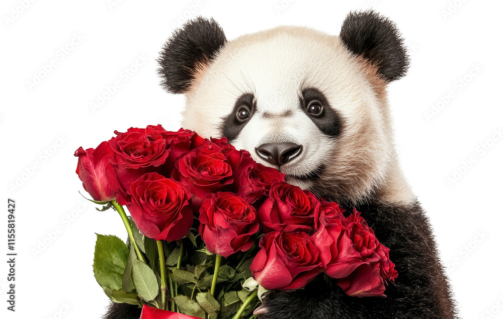 Cute panda bear with bouquet of red roses isolated on a transparent ...