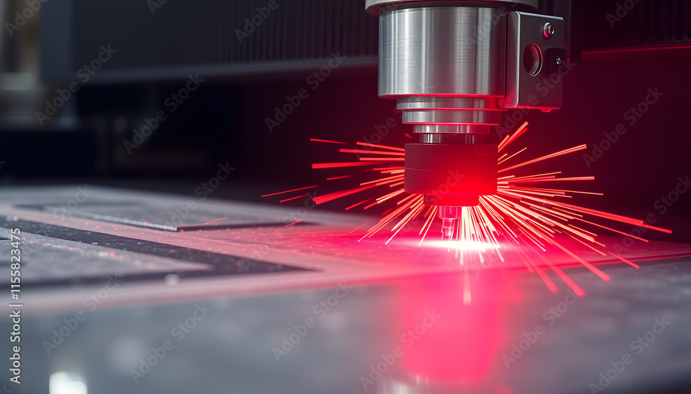 Closeup industrial CO2 laser cutting machine working with high powered ...