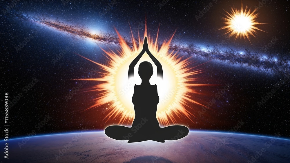 Graceful Female Yoga Figure in a Powerful Pose Against a Cosmic ...
