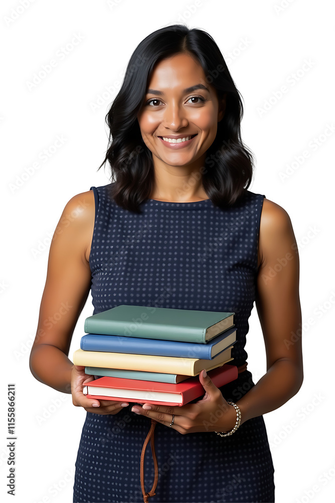 Stock-Foto „Smiling student woman with books isolated on transparent ...