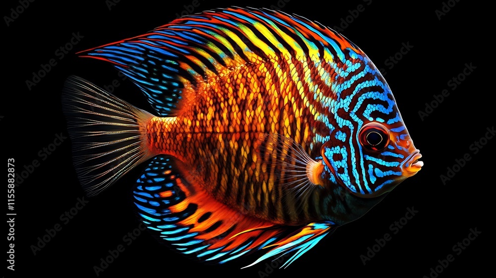 Illustrate a colorful discus fish (Symphysodon aequifasciatus) with ...