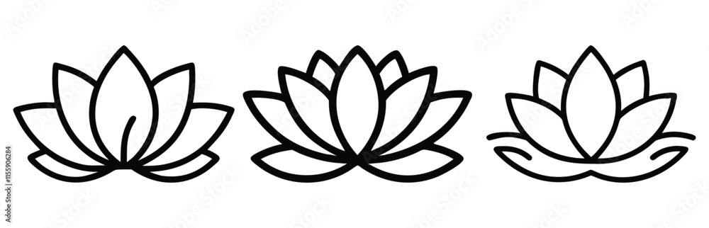 Minimalist Lotus Flower Outline Vector Trio, A vector set featuring ...