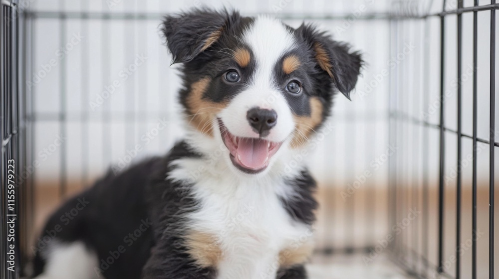 Puppy practicing crate training for positive reinforcement and spring ...