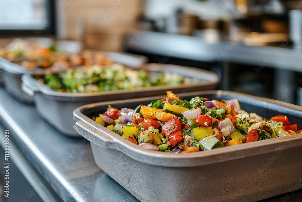 Food waste drives the circular economy. Vibrant vegetable dishes in ...