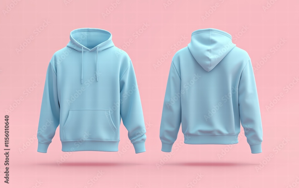 Blank light blue hoodie mockup, front and back view, 3D rendering ...