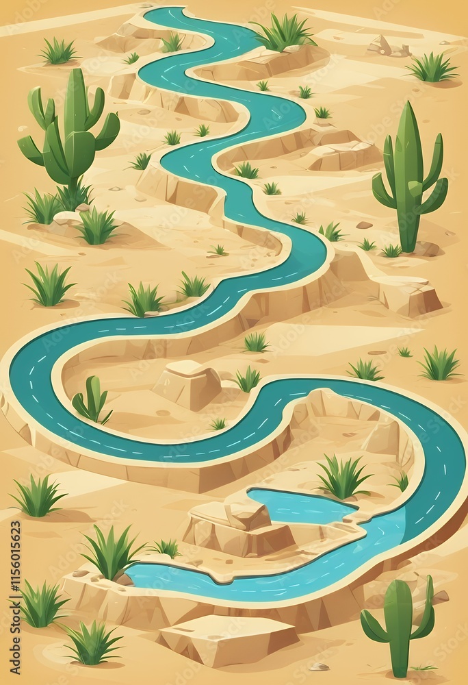 Game road map with level indicators. Sand desert with green grass and ...