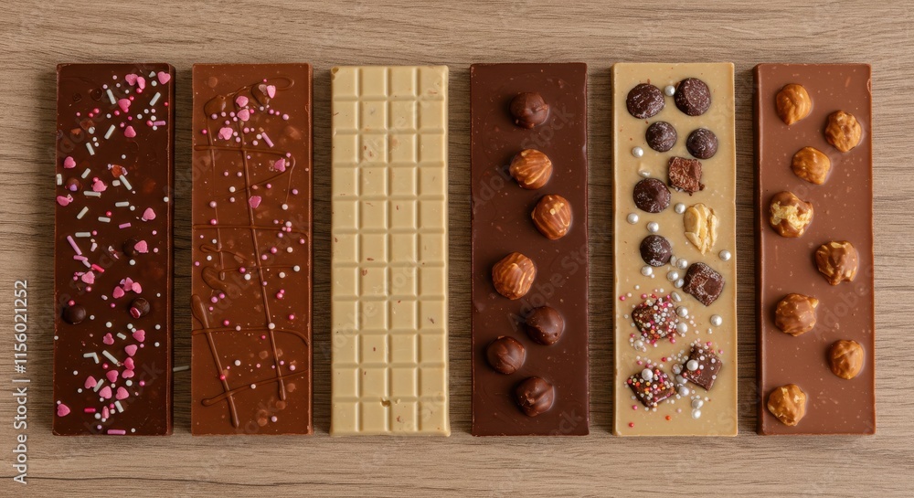 A delightful assortment of six types of chocolate bars each boasting a ...