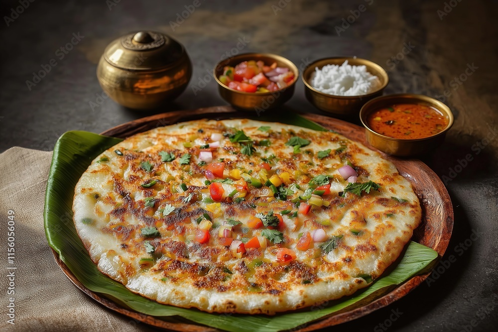 South Indian Uthappam on Banana Leaf with Chutneys and Sambar, Close-Up ...