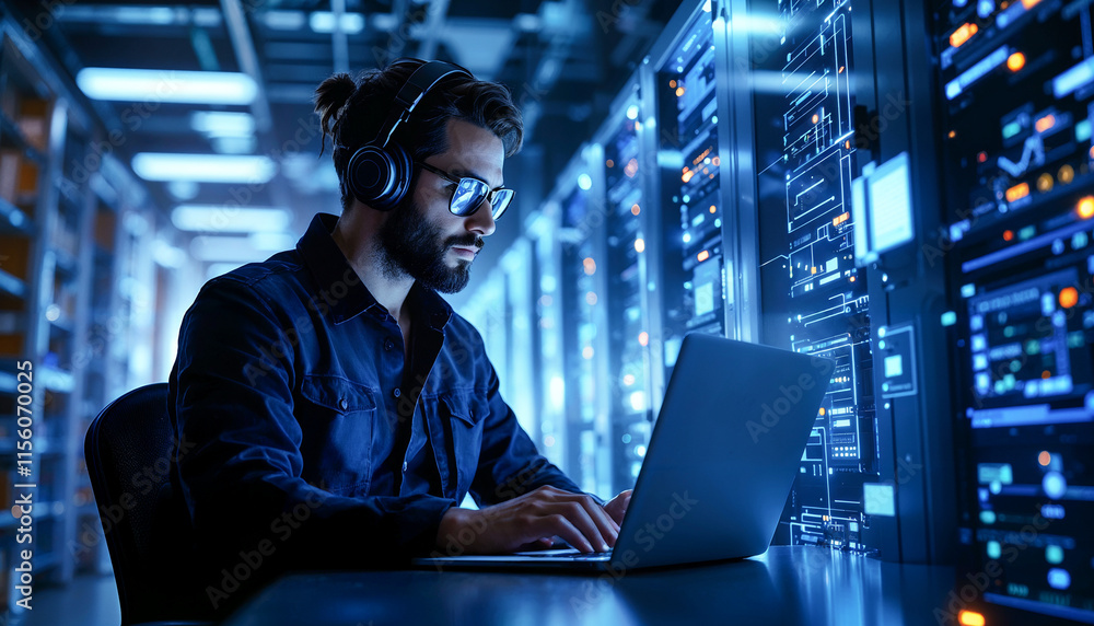 Tech Guru in Futuristic Data Center Utilizing Laptop Amidst Warehouse ...