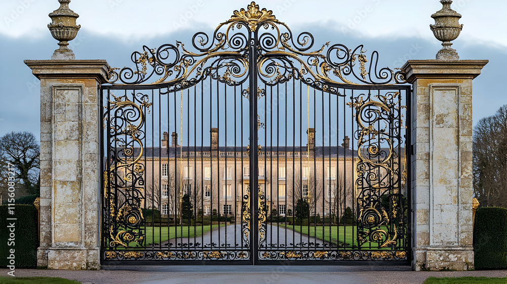 Grand wrought iron gate with intricate scrollwork and decorative gold ...