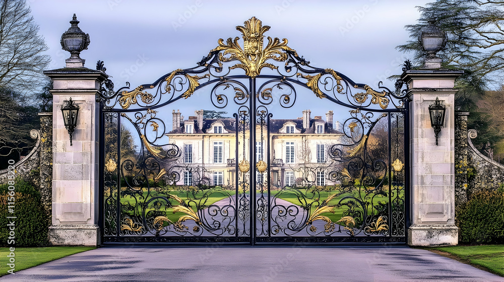 Grand wrought iron gate with intricate scrollwork and decorative gold ...