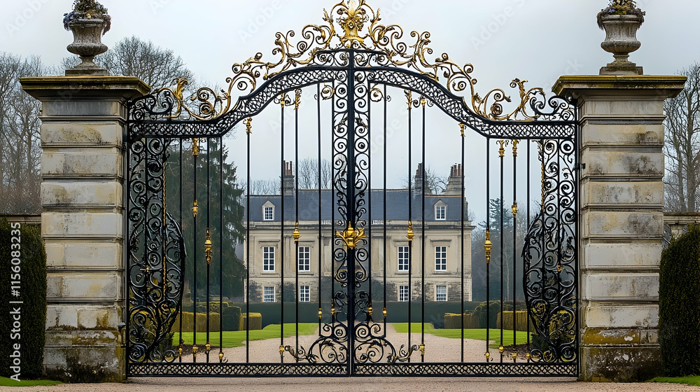 Grand wrought iron gate with intricate scrollwork and decorative gold ...
