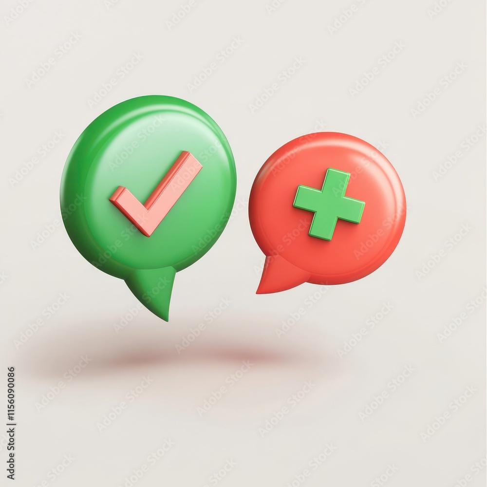 Two colorful speech bubbles: a green check mark for approval and a red ...