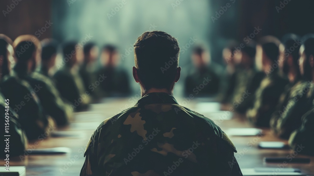 Military Meeting with Soldiers Facing Forward in a Dimly Lit Room ...