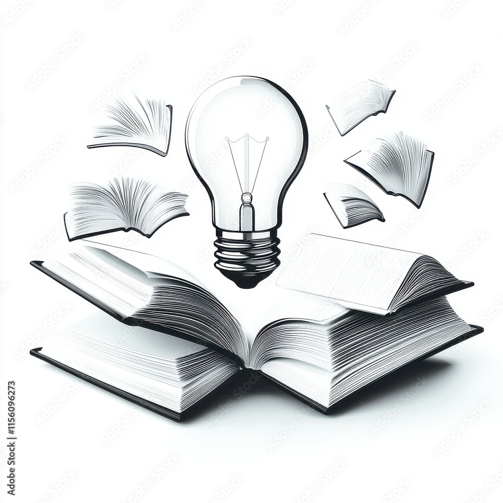 An open book with floating pages and a glowing light bulb, symbolizing ...