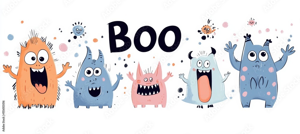 Cute cartoon monsters with fun faces and little funny symbols of horror ...