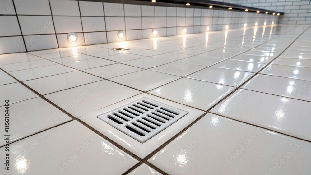 Bright white large square tiles are laid with precision shimmering ...