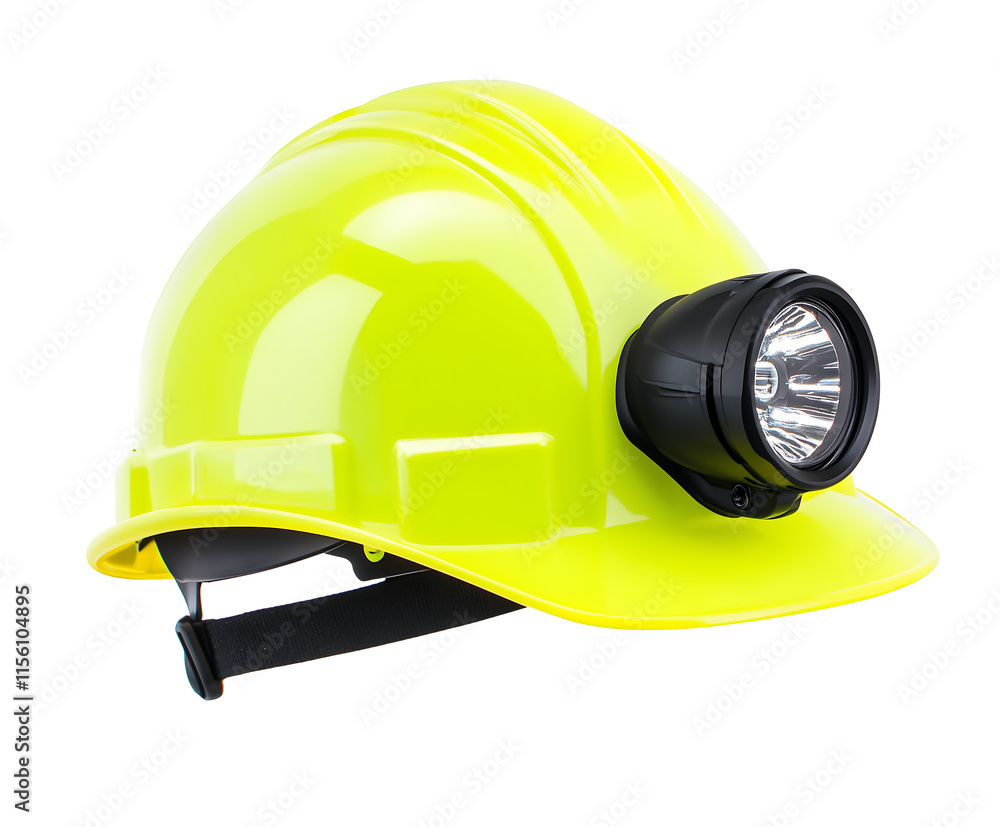 Bright yellow miner's helmet with integrated light, suitable for ...