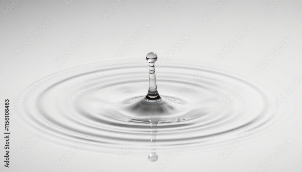 Water drop impact creates concentric ripples. Clear water droplet falls ...