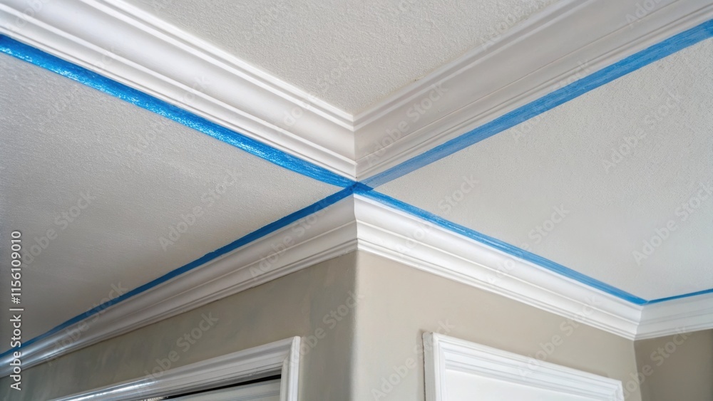 A detailed image capturing the fresh ceiling paint reflecting light ...
