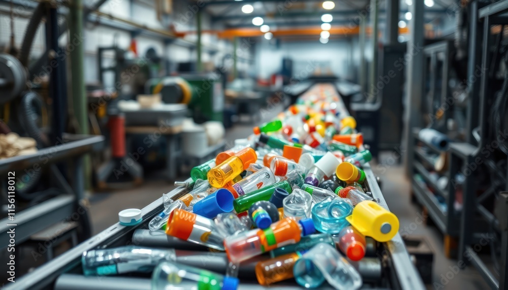 Recycling facility shows conveyor belt loaded with mixed plastic waste ...
